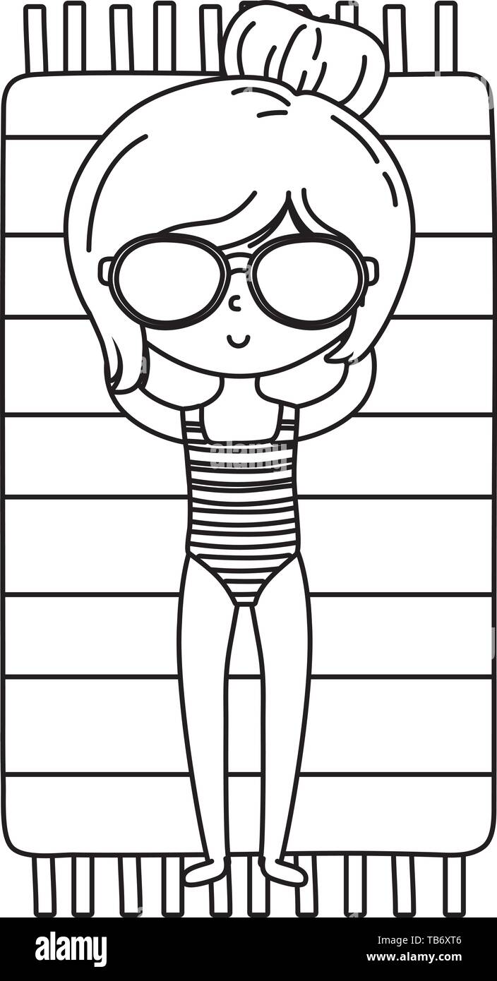 happy girl child sunbathing with sunglasses and towel cartoon summer ...