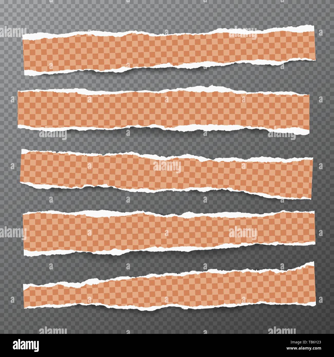 Set of torn, ripped, squared orange paper strips with soft shadow are ...