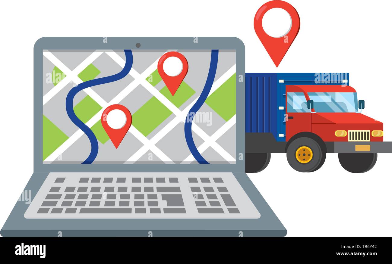 laptop showing map with location pointers and truck vector illustration ...