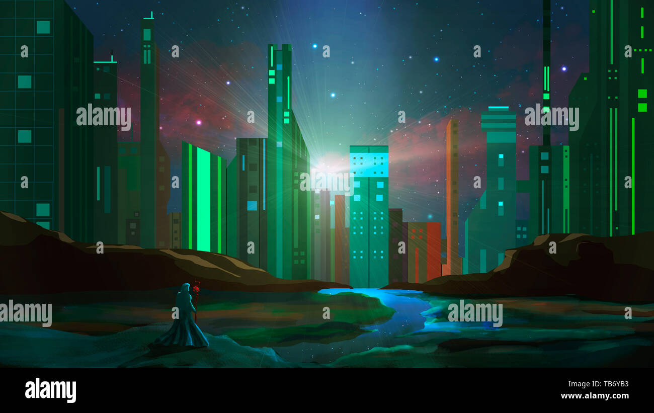 Magician stand on rock with river and sci-fi city at night. Digital ...