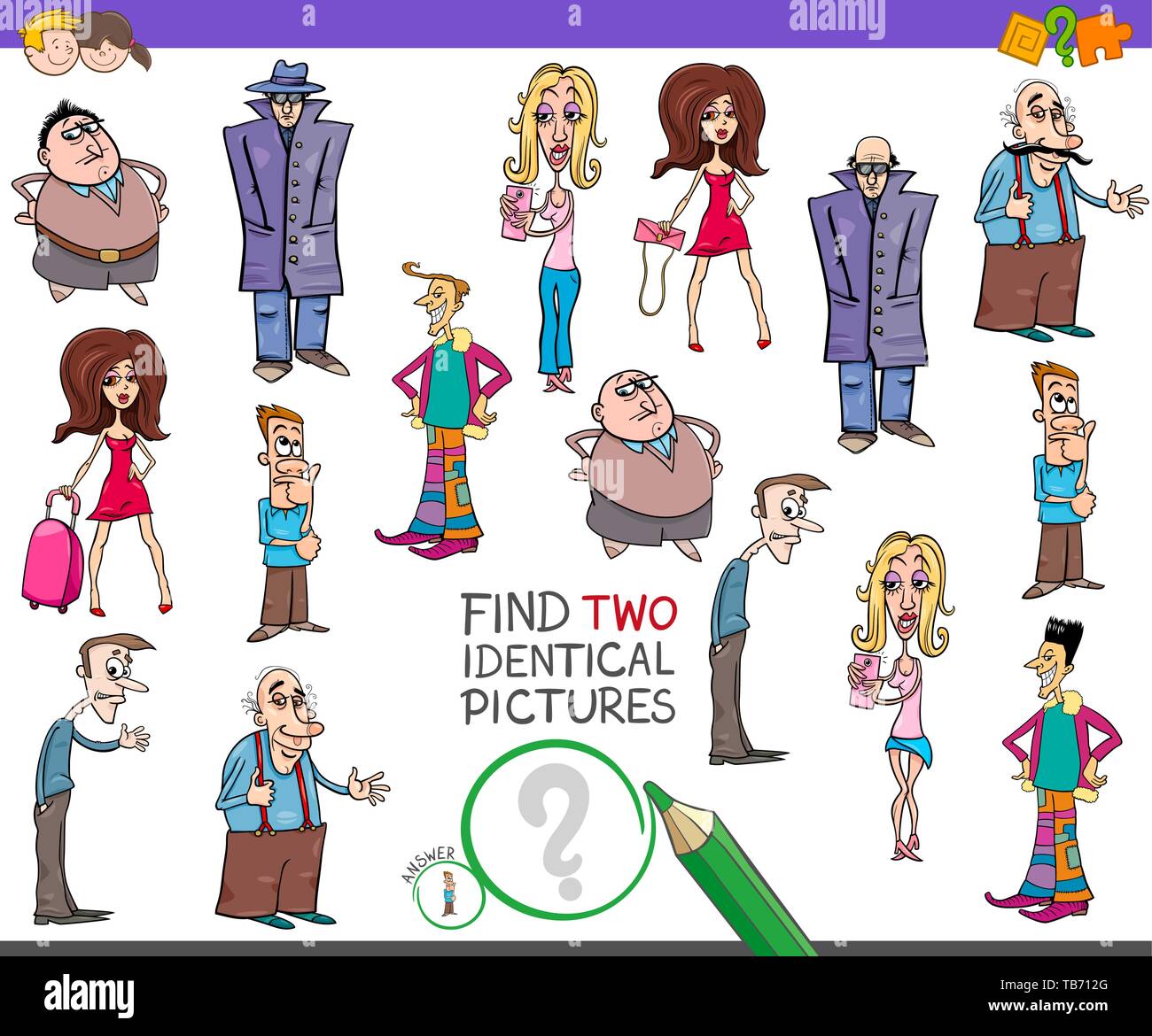 Cartoon Illustration of Finding Two Identical Pictures Educational Game ...