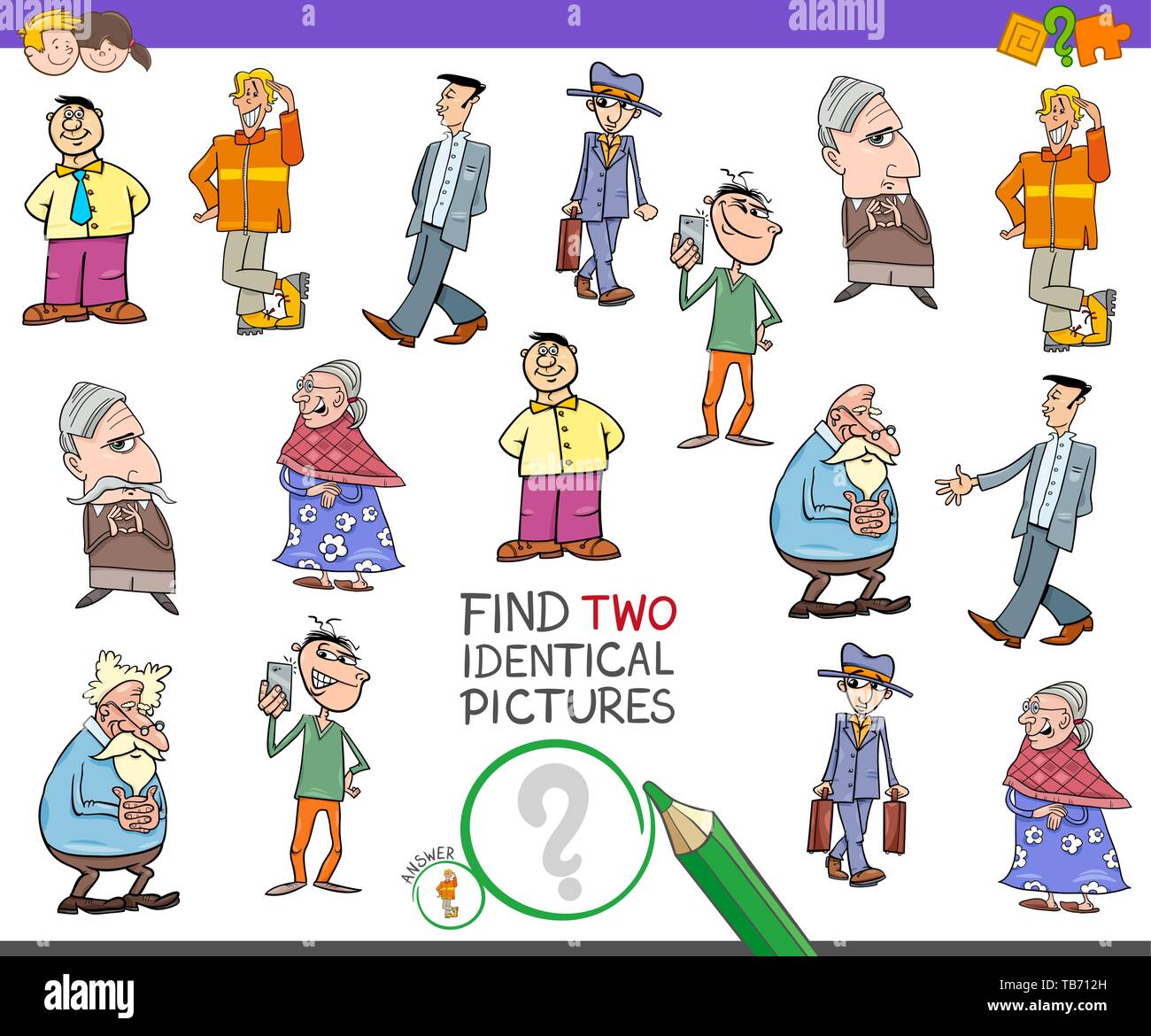 Cartoon Illustration of Finding Two Identical Pictures Educational Game ...