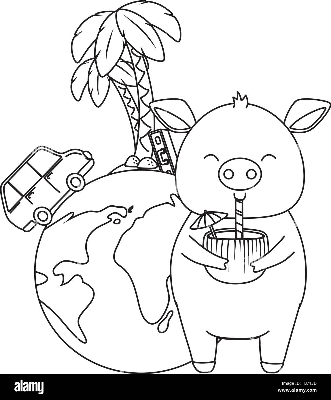 cute animal pig enjoying vacations and summer time, travel and relax ...