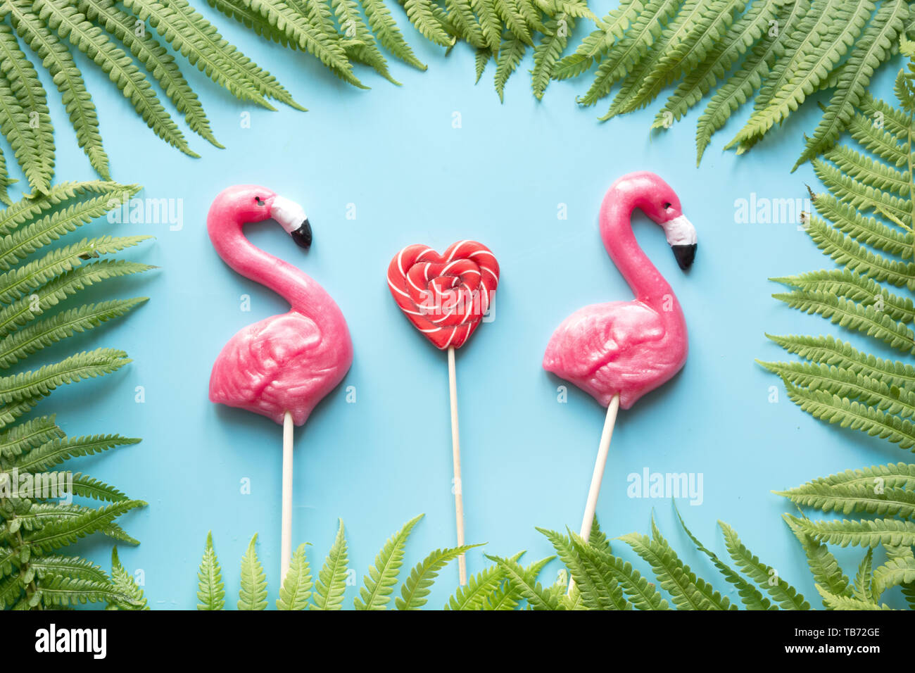 Two pink flamingo candy lollipop on blue background. Top view. Fun ...