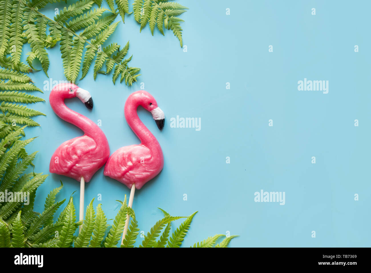Two pink flamingo candy lollipop on blue background. Top view. Fun ...