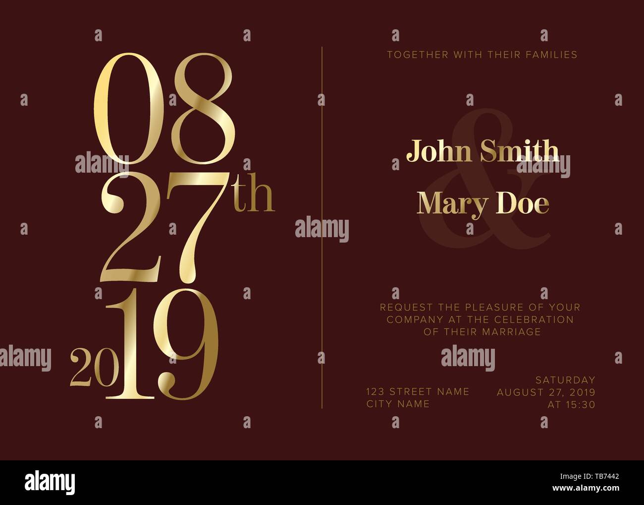 Vector dark Typography Wedding invitation card template with big golden ...