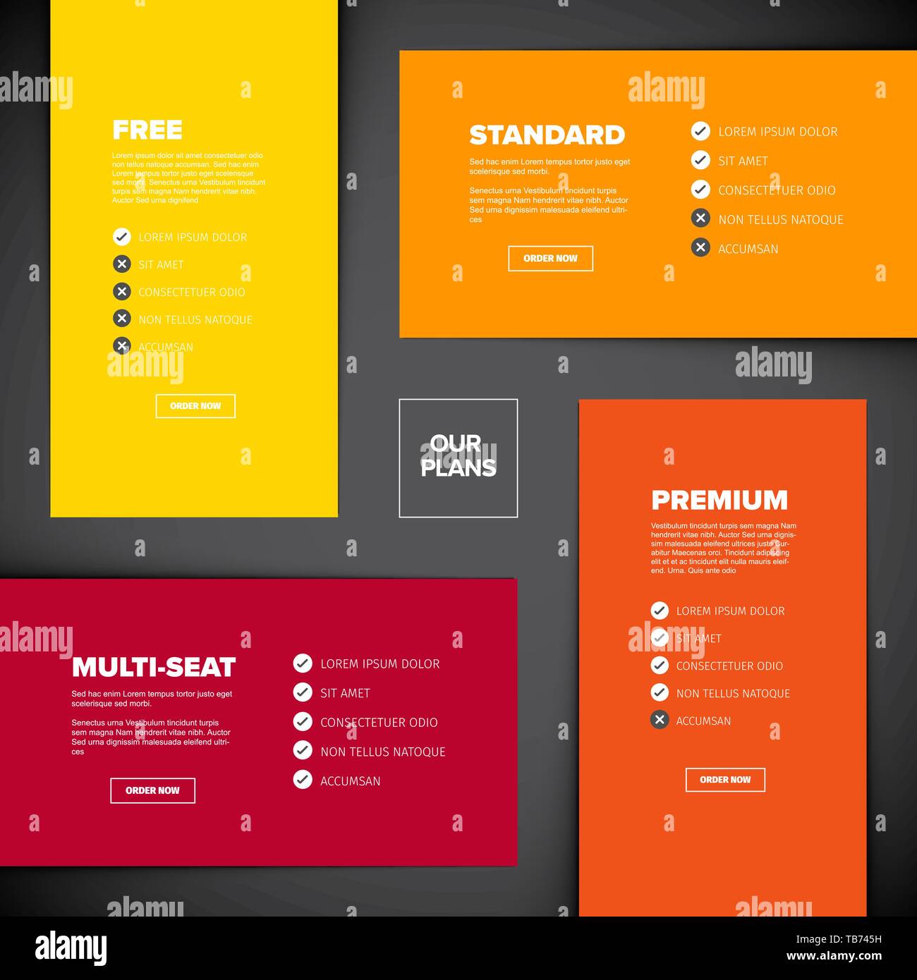 Product features schema template cards with four services, feature ...