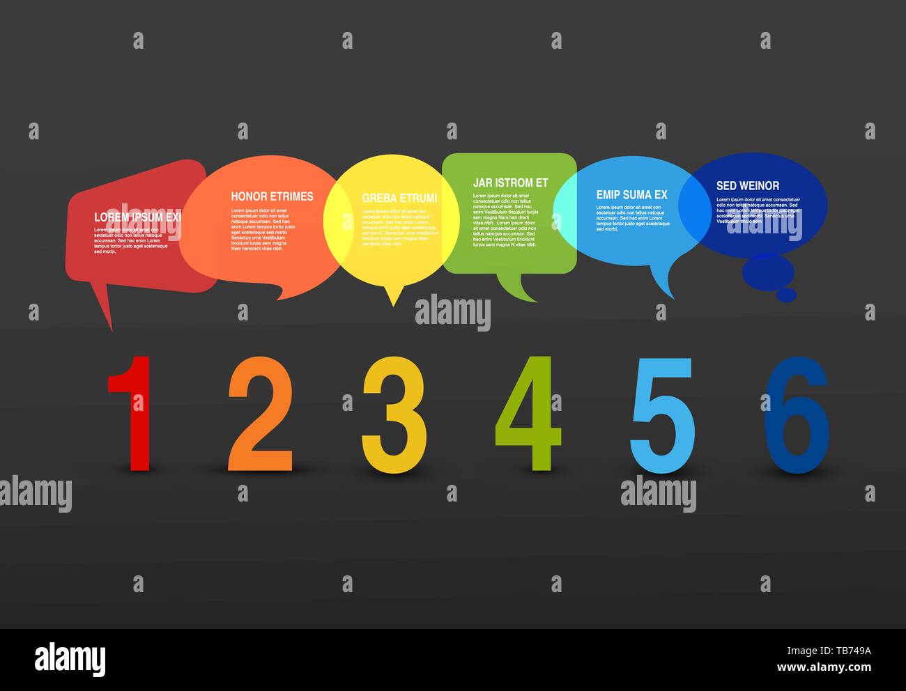 Vector progress speech bubbles template for six steps or options - dark ...