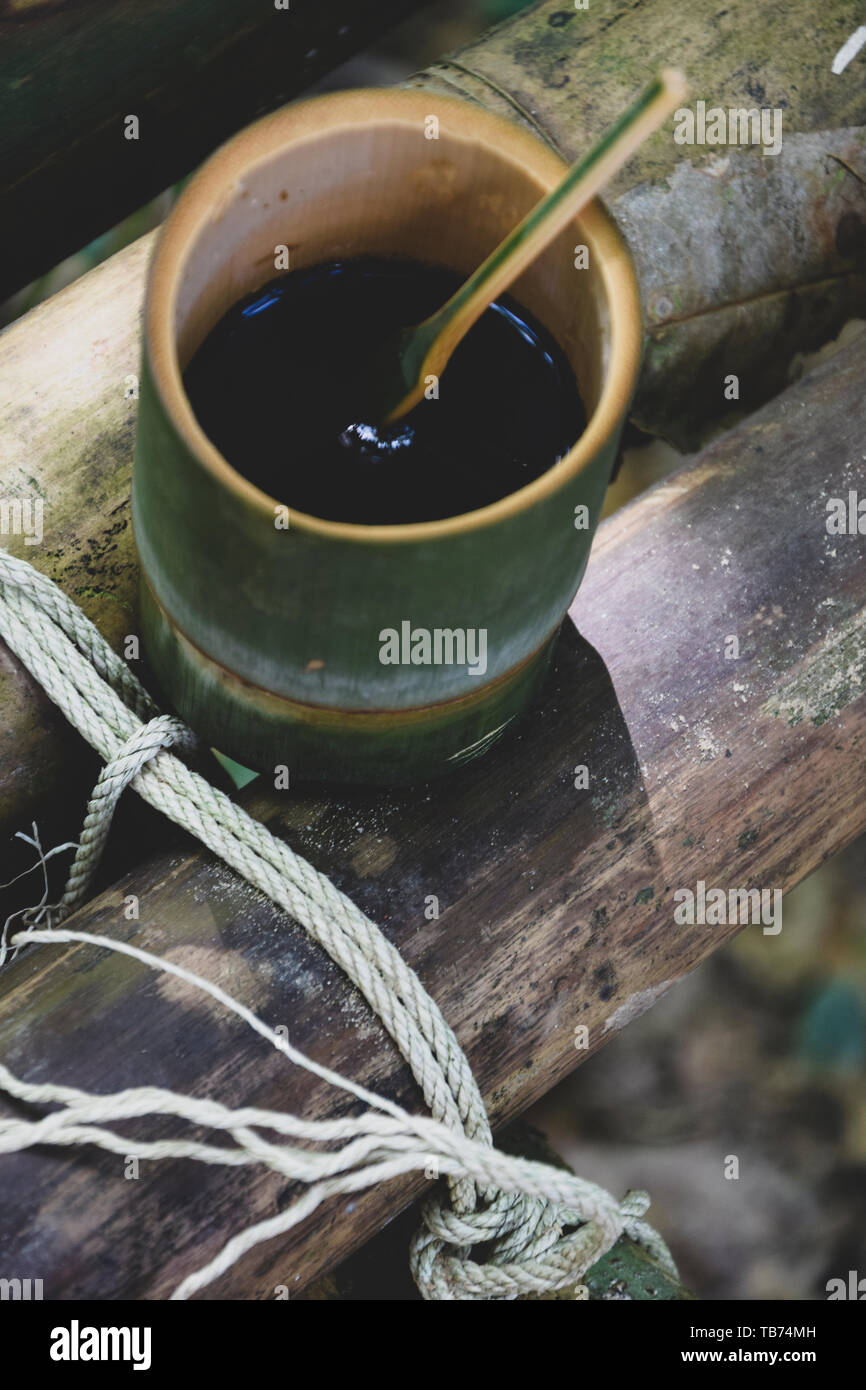 Fresh bio bamboo made cup and spoon filled with hot delicious hot ...