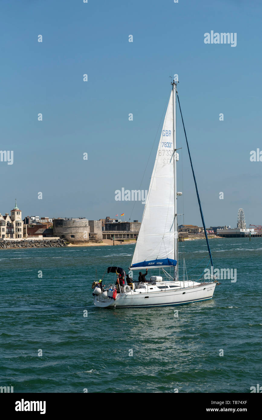 Portsmouth, England, UK. May 2019. Motor sailing yacht departing ...