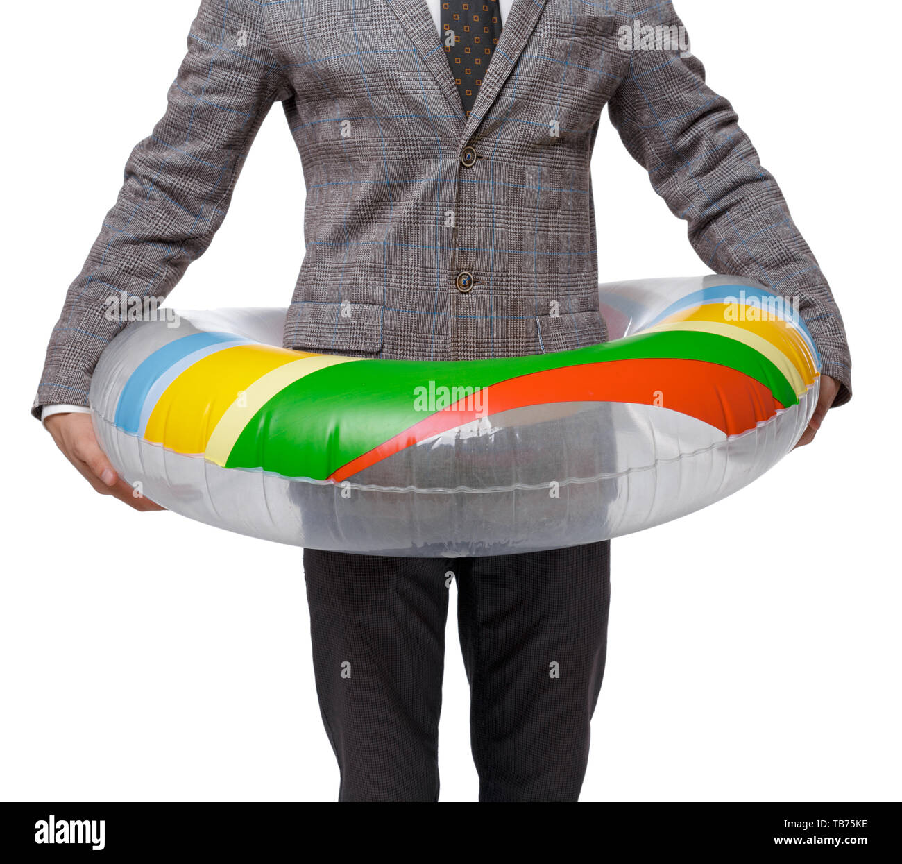 Front view of businessman with an inflatable circle. Isolated over ...