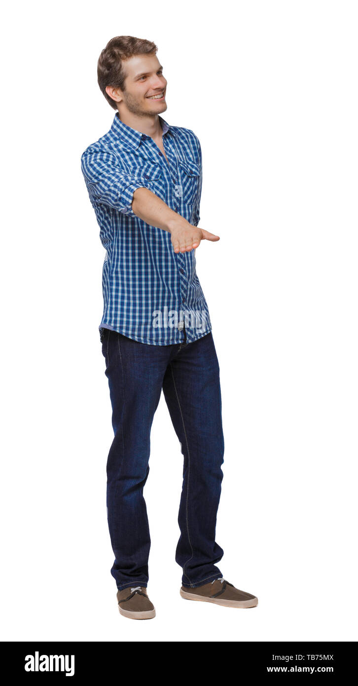 Front view of pointing business man. Standing young guy. Isolated over ...