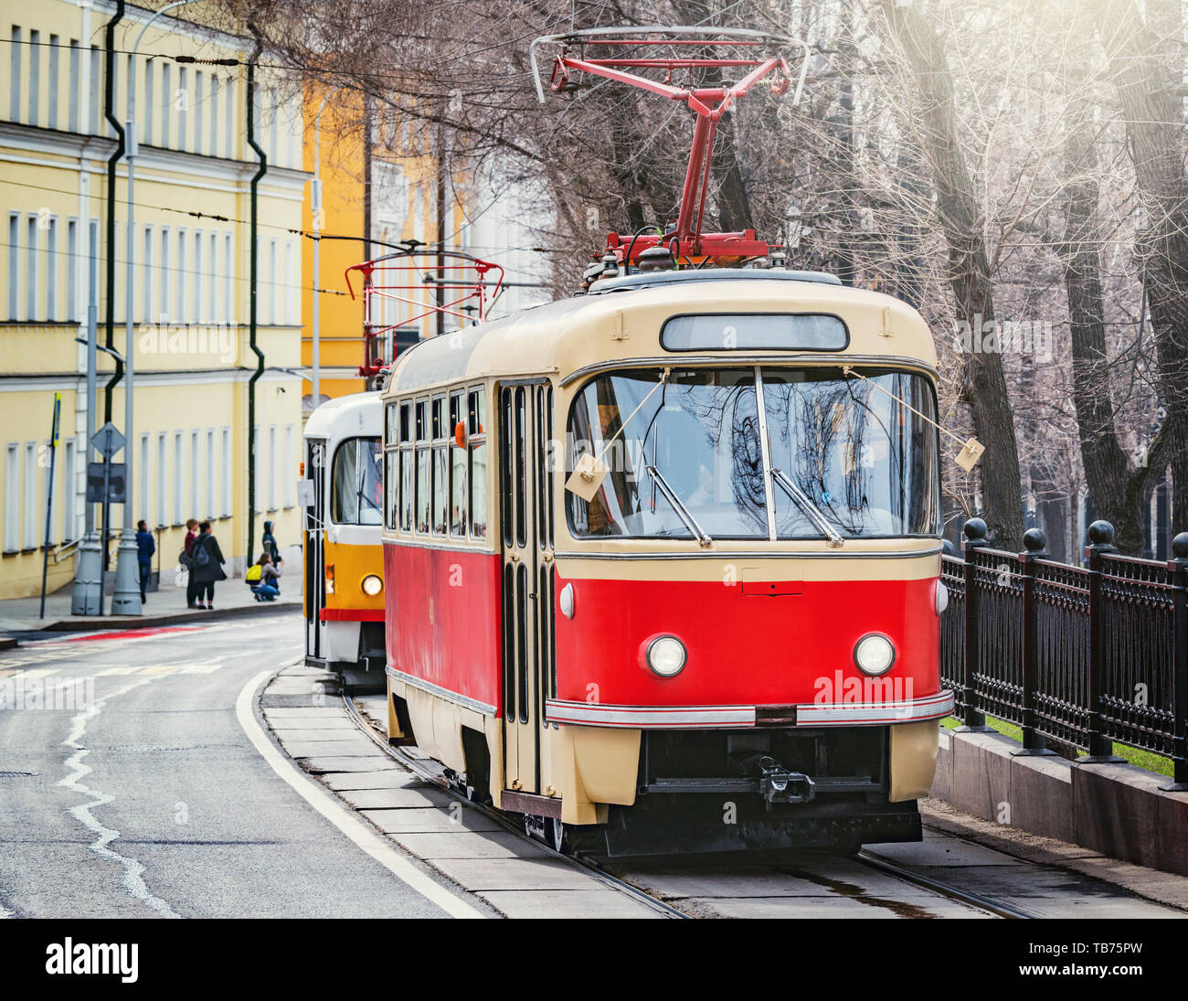Vintage tram on the town street in the historical city center. Moscow ...