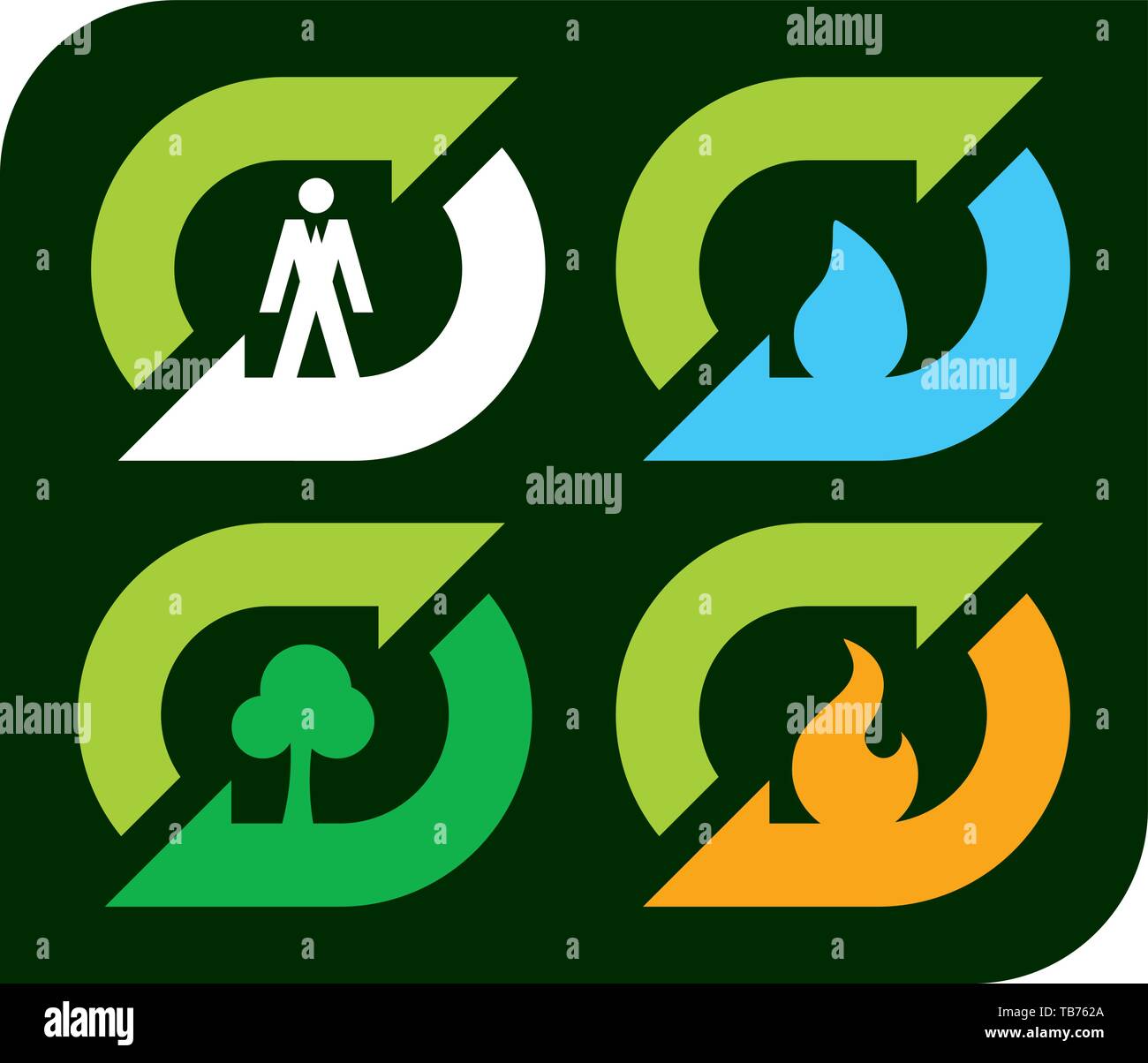 Vector illustration. Four recycle symbols. People, water nature fire ...