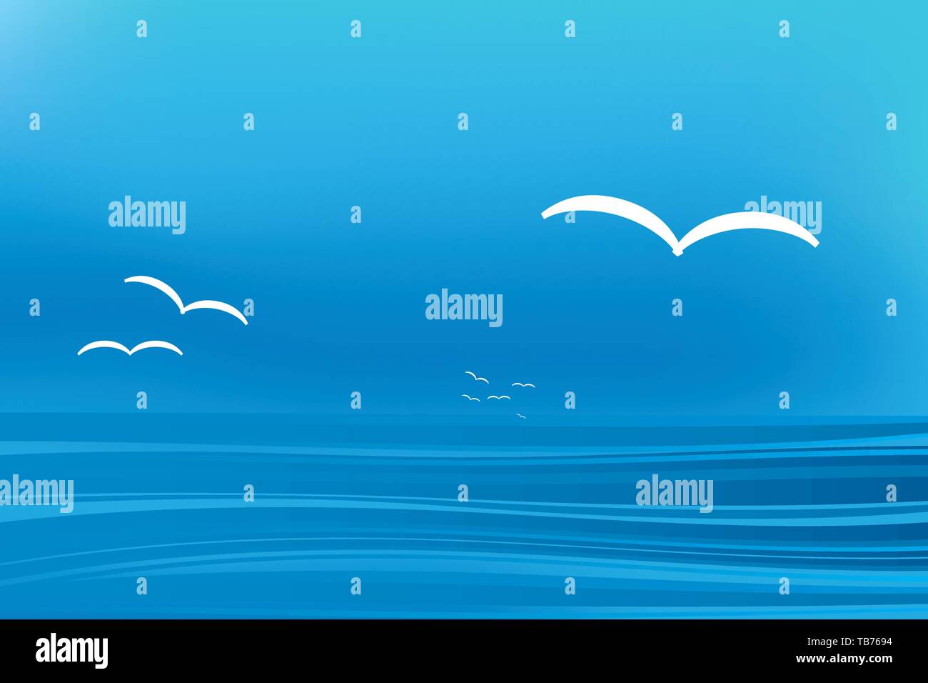 Vector illustration. Schematic seagull landscape in blue tones with ...
