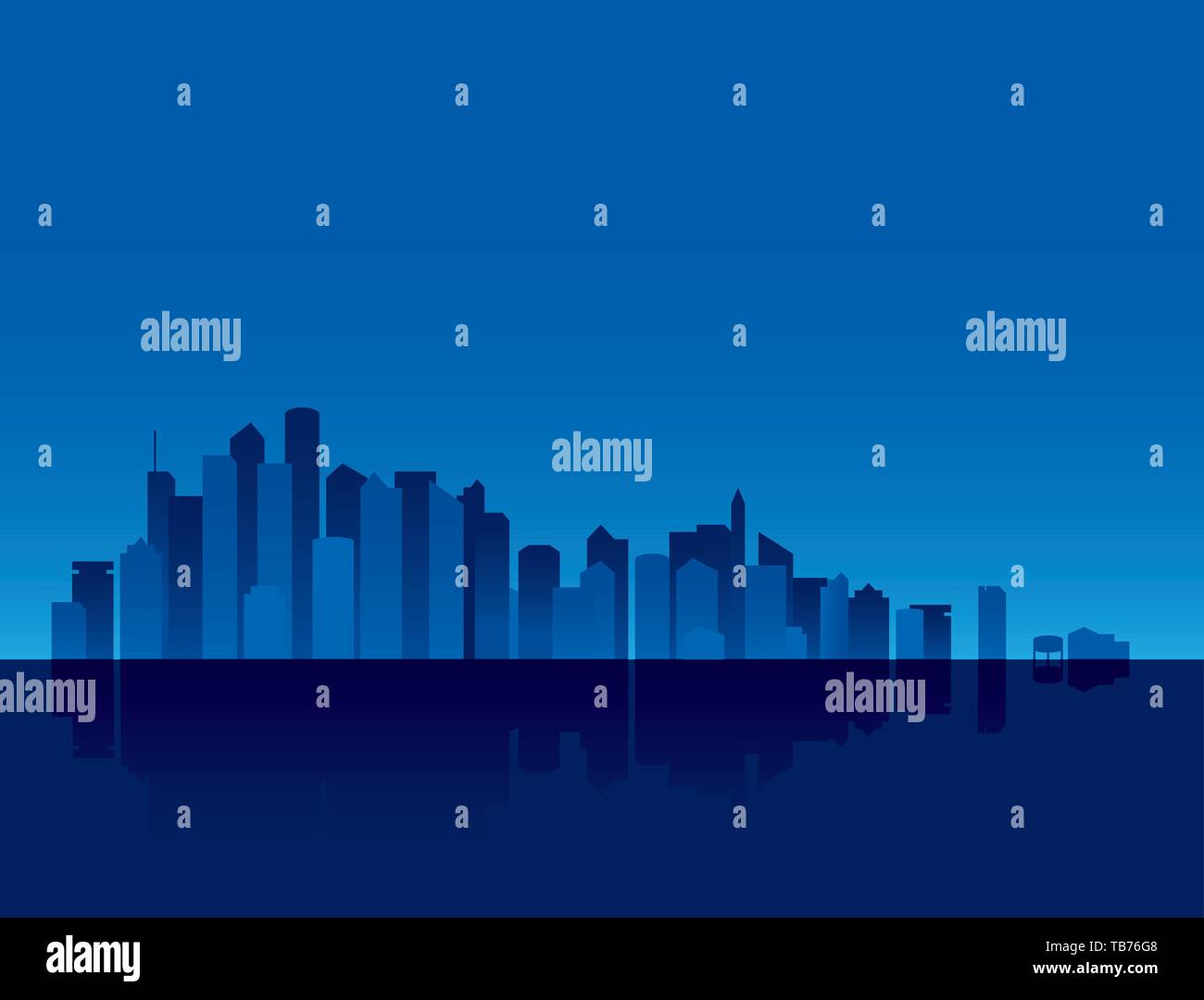 Vector illustration. Nocturn skyline background in blue tones, with sea ...