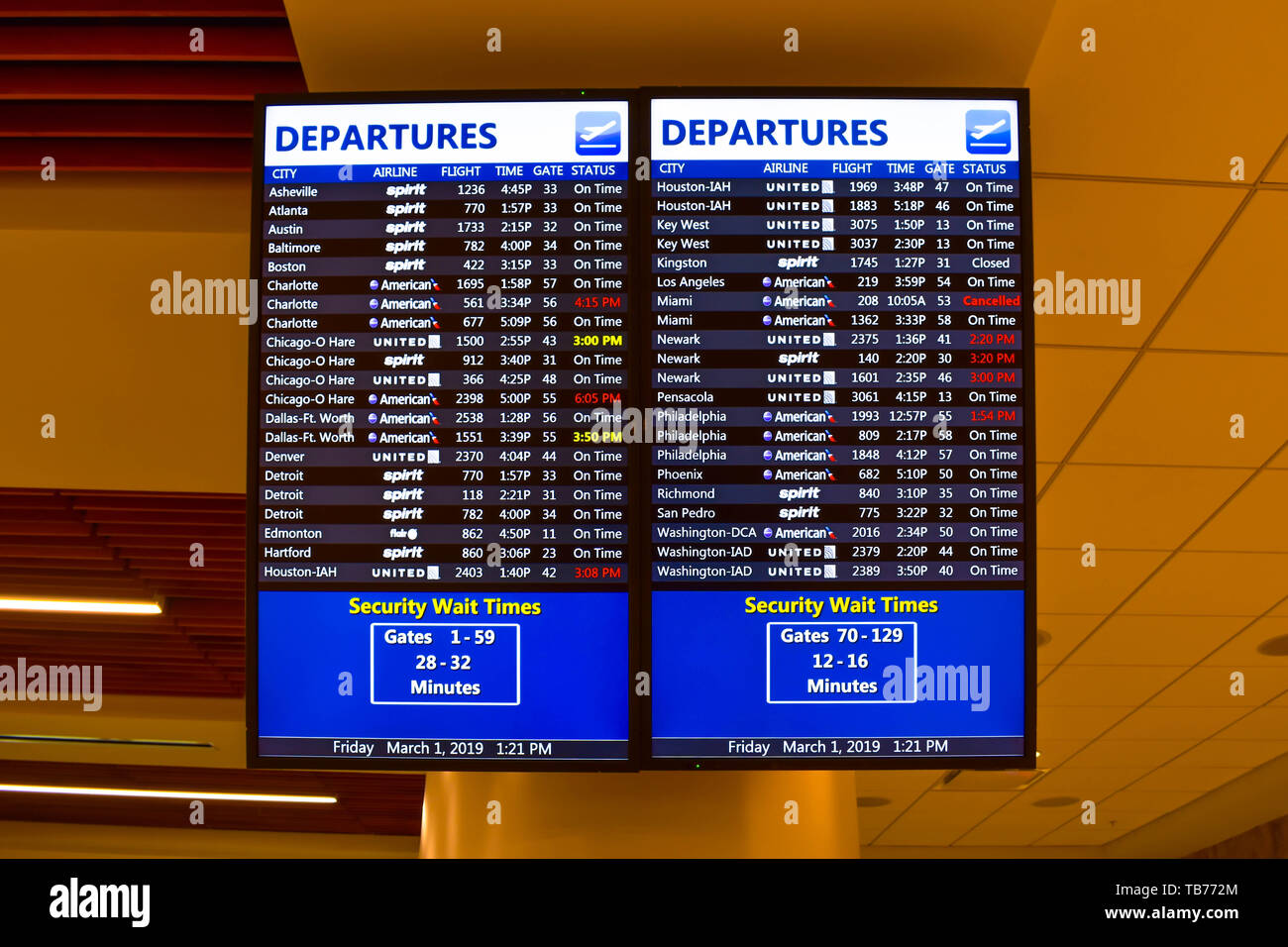 Orlando, Florida. March 01, 2019. Top view of Departure Time Table at ...