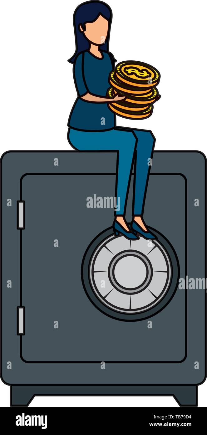 young woman with coins seated in safe box Stock Vector Image & Art - Alamy