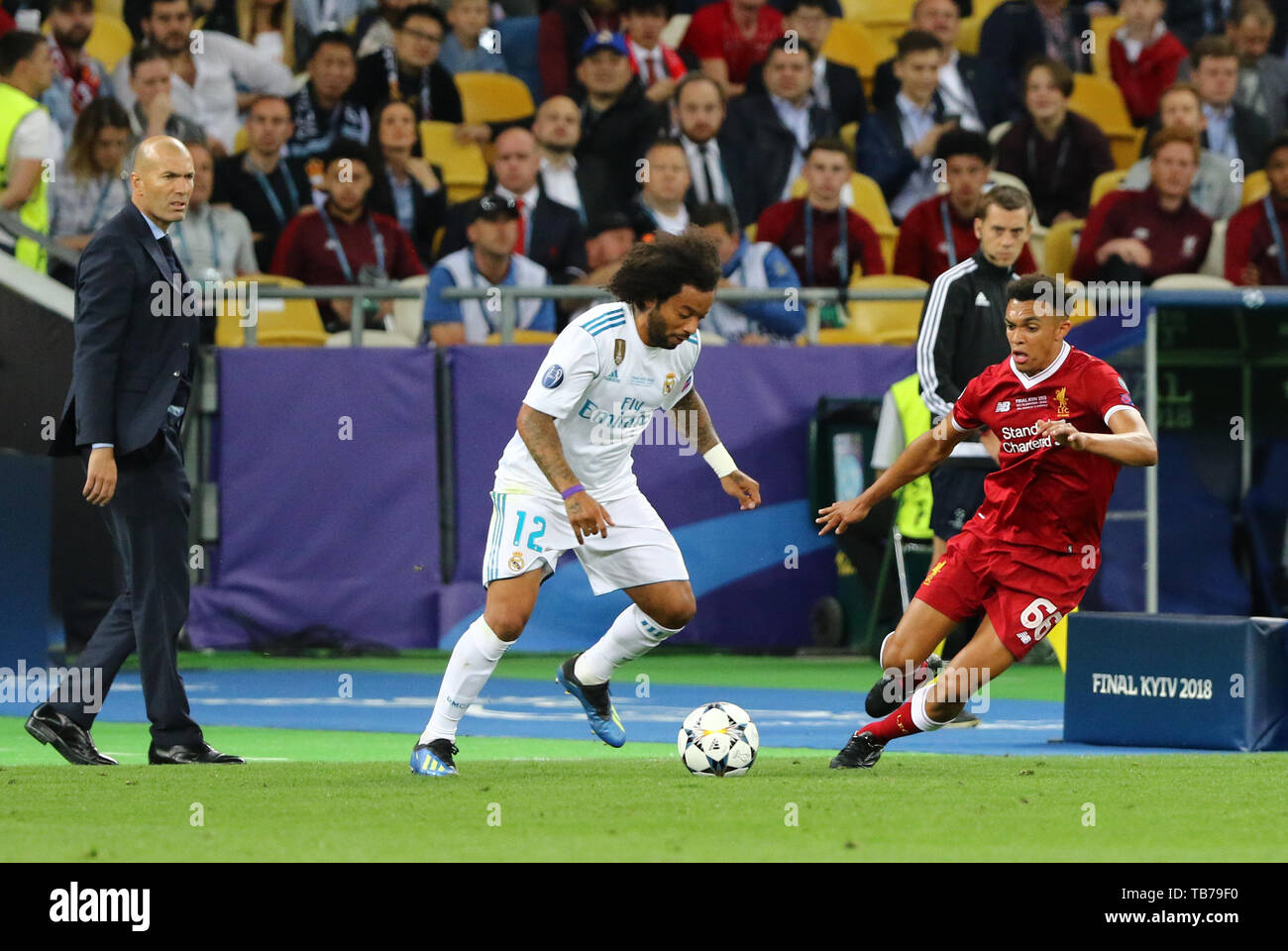 KYIV, UKRAINE - MAY 26, 2018: Marcelo of Real Madrid (L) fights for a ...