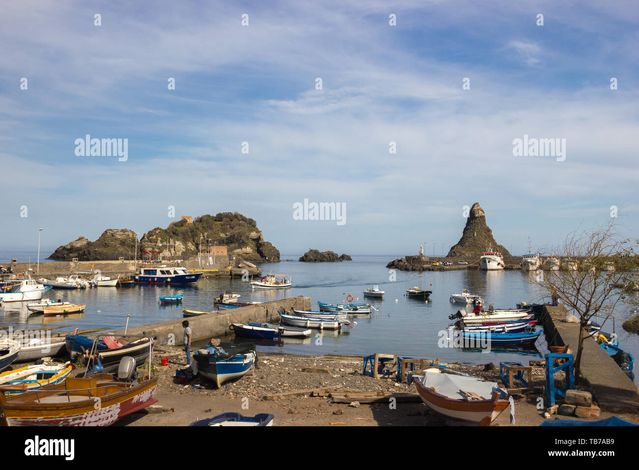 Acitrezza Sicily, panorama of the whole tourist harbor and cyclopean ...