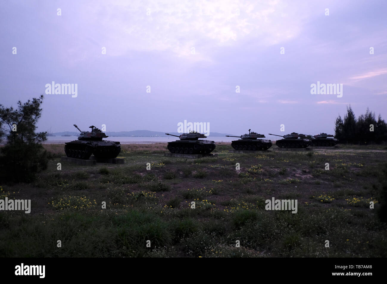 Old tanks on a beach on the shore of Kinmen county or island in Taiwan ...