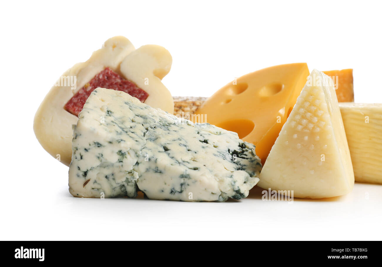 Assortment of tasty cheese on white background Stock Photo - Alamy