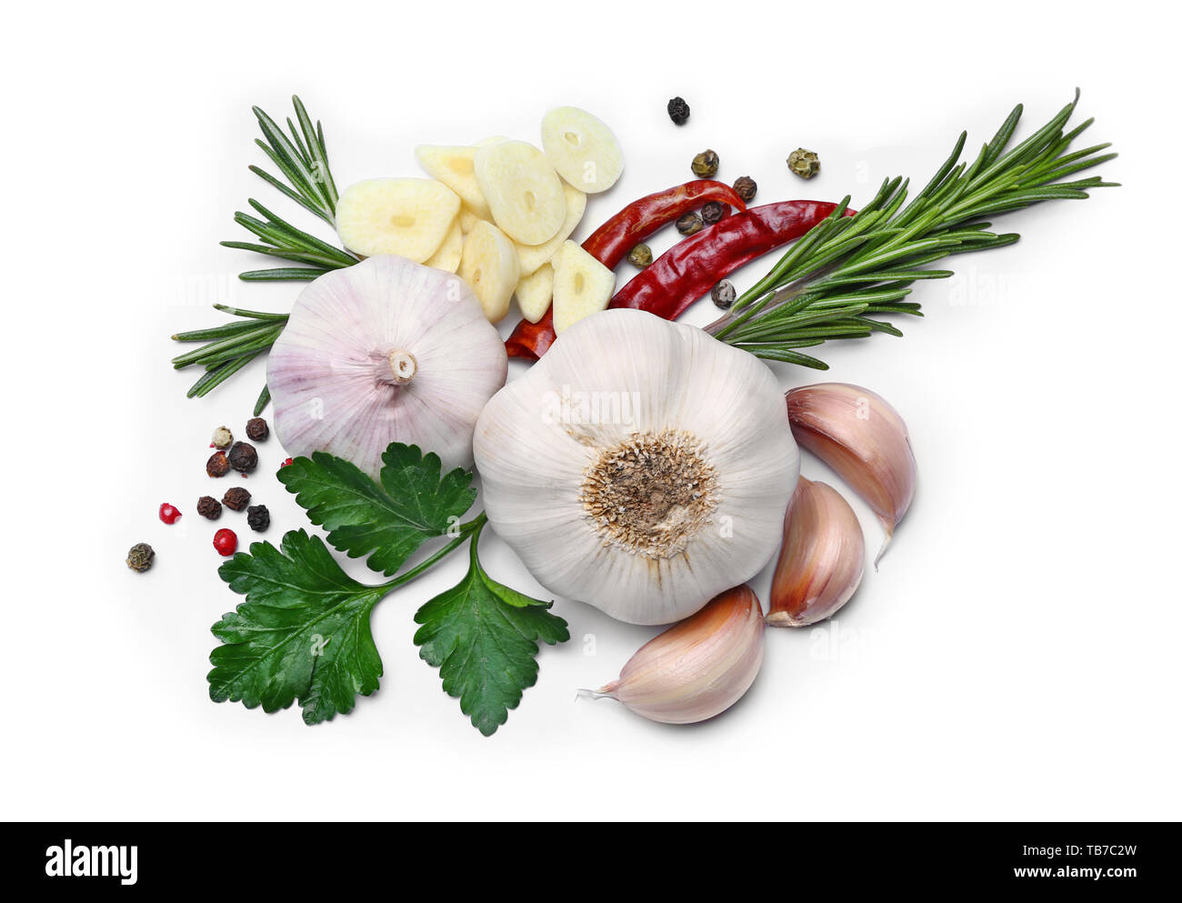Fresh garlic, herbs and spices on white background Stock Photo - Alamy