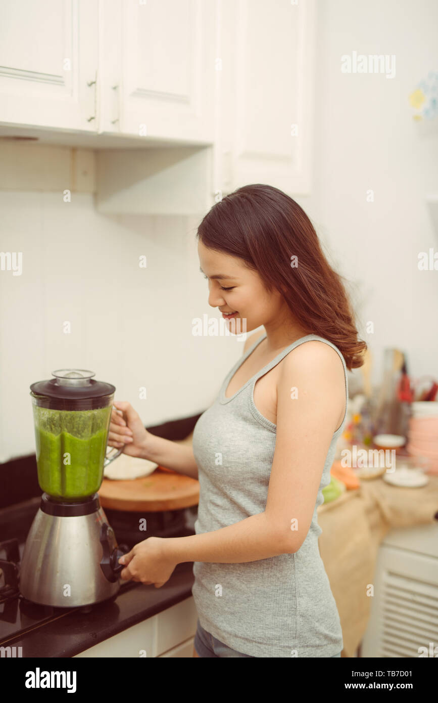 Vegetable Smoothie Woman Blending Green Smoothies With Blender Home In