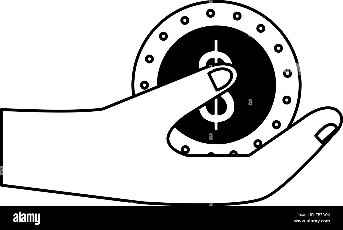 Hand holding coin cartoon isolated in black and white Stock Vector ...