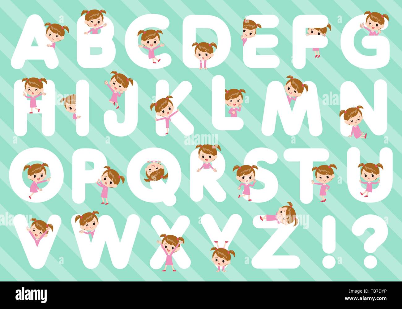 A set of girl designed with alphabet.Characters with fun expressions ...