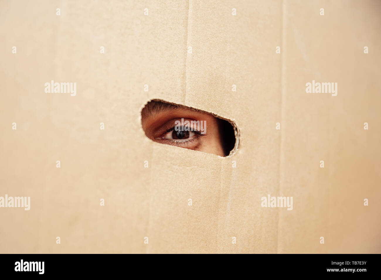Man's eyes looking from the cardboard box Stock Photo - Alamy