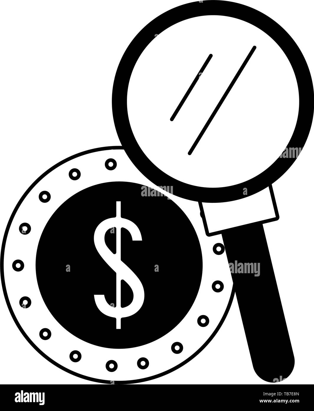 Magnifying glass searching coin money cartoons in black and white Stock ...