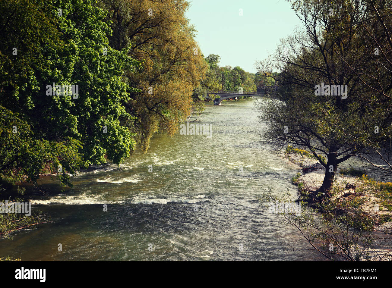 Panoramic spring view of Isar river in Munich with the clear and clean ...