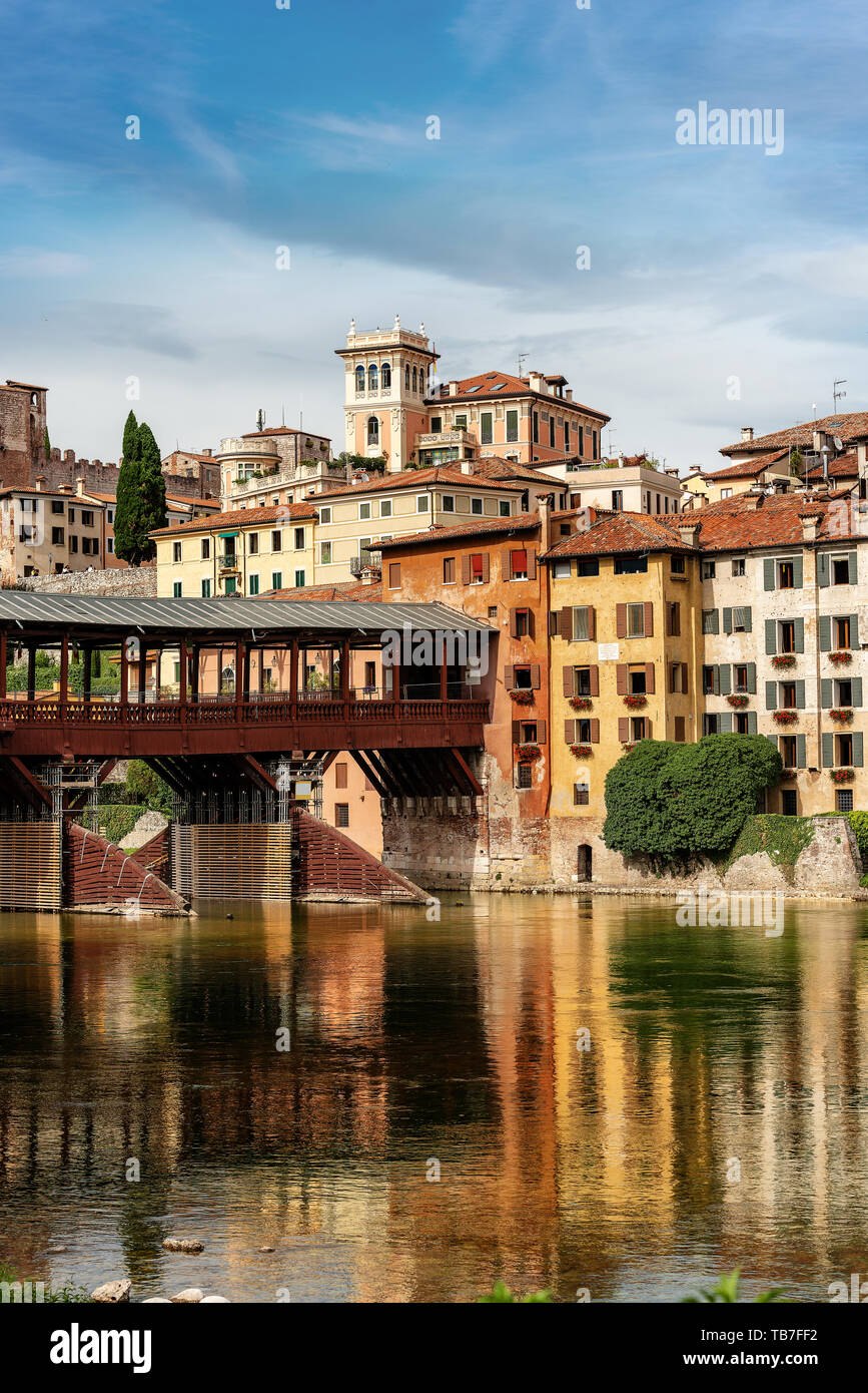 The old town of Bassano del Grappa with the River Brenta and the Ponte ...
