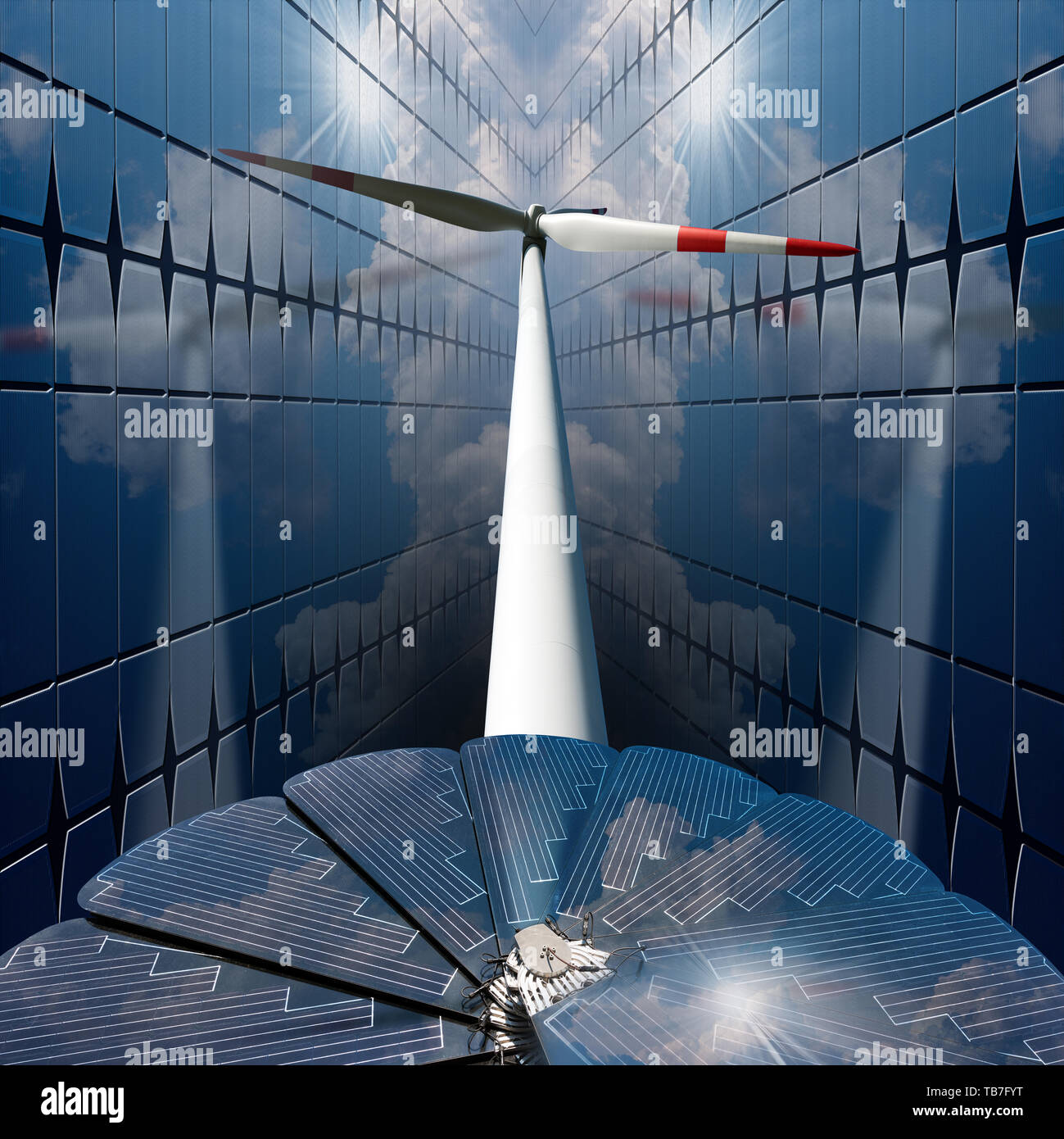 White and red wind turbine between the solar panels with reflections of ...