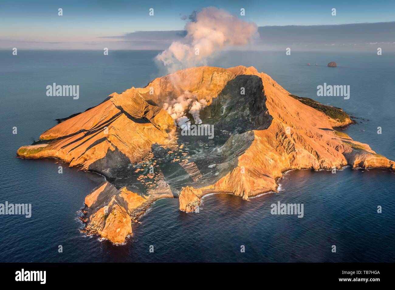 Aerial view of the volcanic island White Island with view into the ...