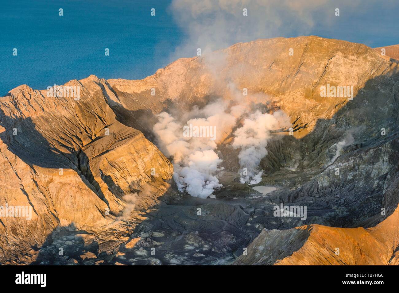 Aerial view of the volcanic island White Island with view into the ...
