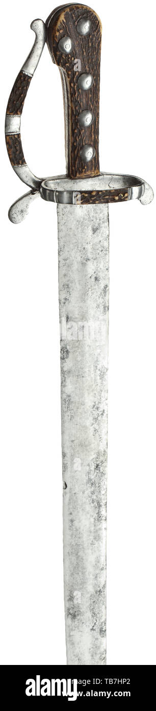 A German hunting sword, 17th century, Double-edged, long blade with iron knuckle-bow hilt and ...