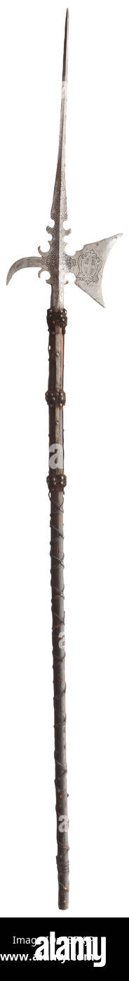 A Saxon palace guard halberd, dated 1609, Slender, ridged spike with ...