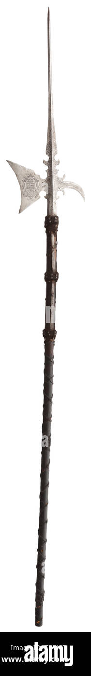 A Saxon palace guard halberd, dated 1609, Slender, ridged spike with ...