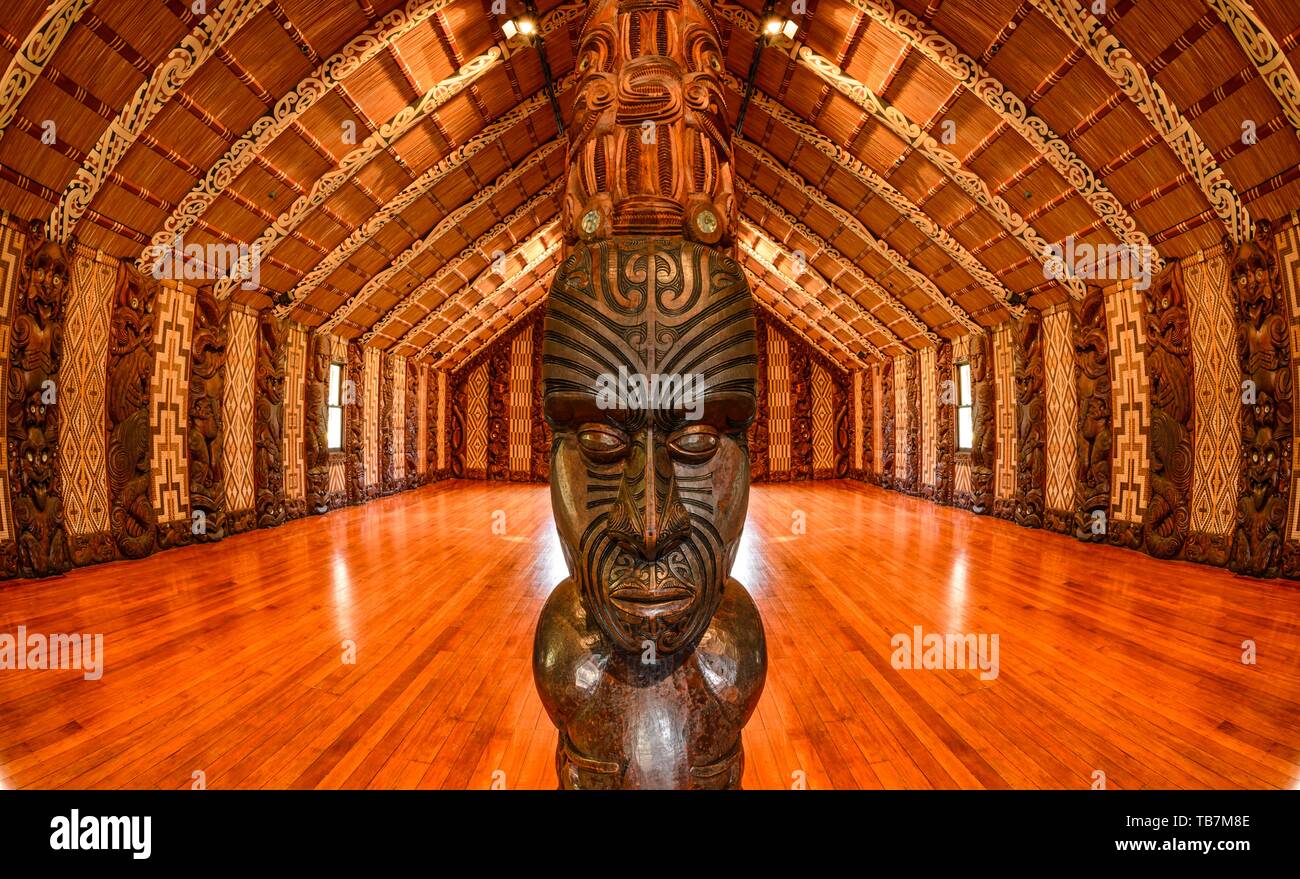 Traditional carving of a Maori statue in the assembly hall Te Whare ...