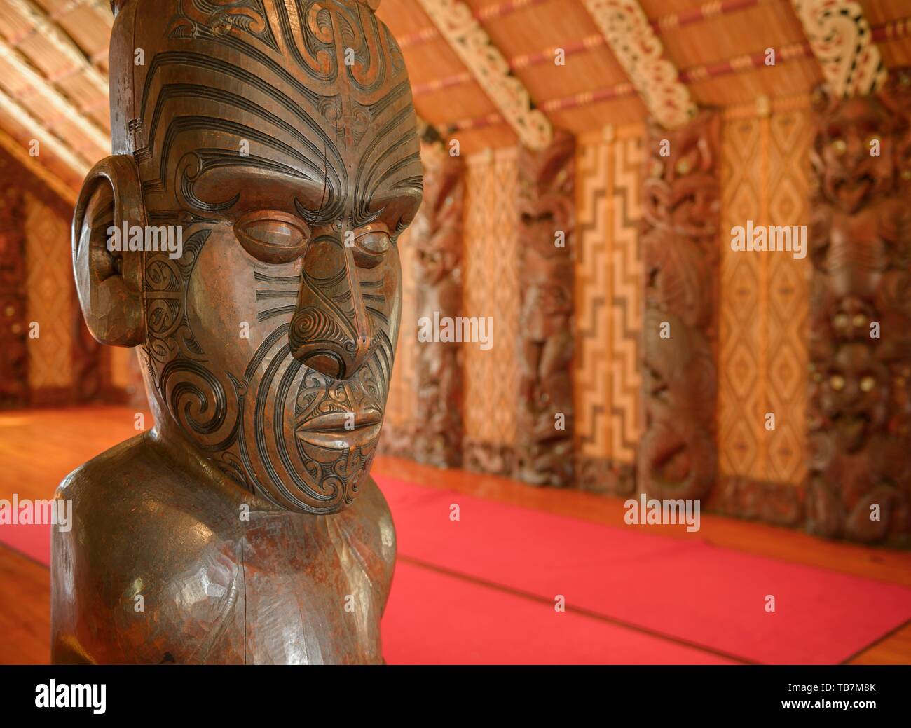Traditional carving of a Maori statue in the assembly hall Te Whare ...