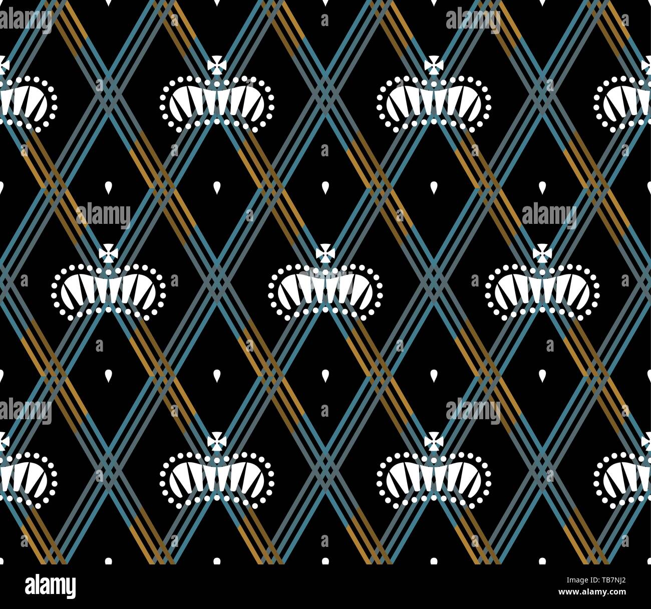Seamless pattern with white king crowns on a dark black background and ...
