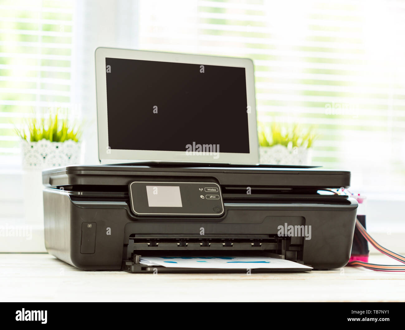 Printer and computer. Office table Stock Photo - Alamy