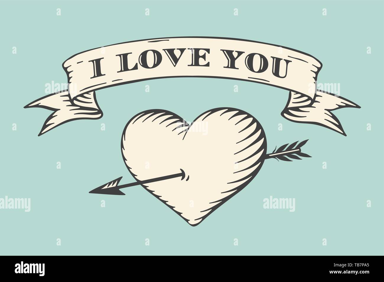 Old ribbon with message I love you, heart and arrow in vintage style ...