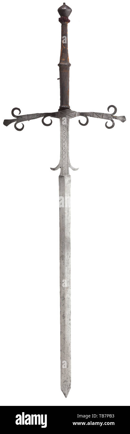 A South German two-hand sword, circa 1600, Double-edged, ridged blade ...