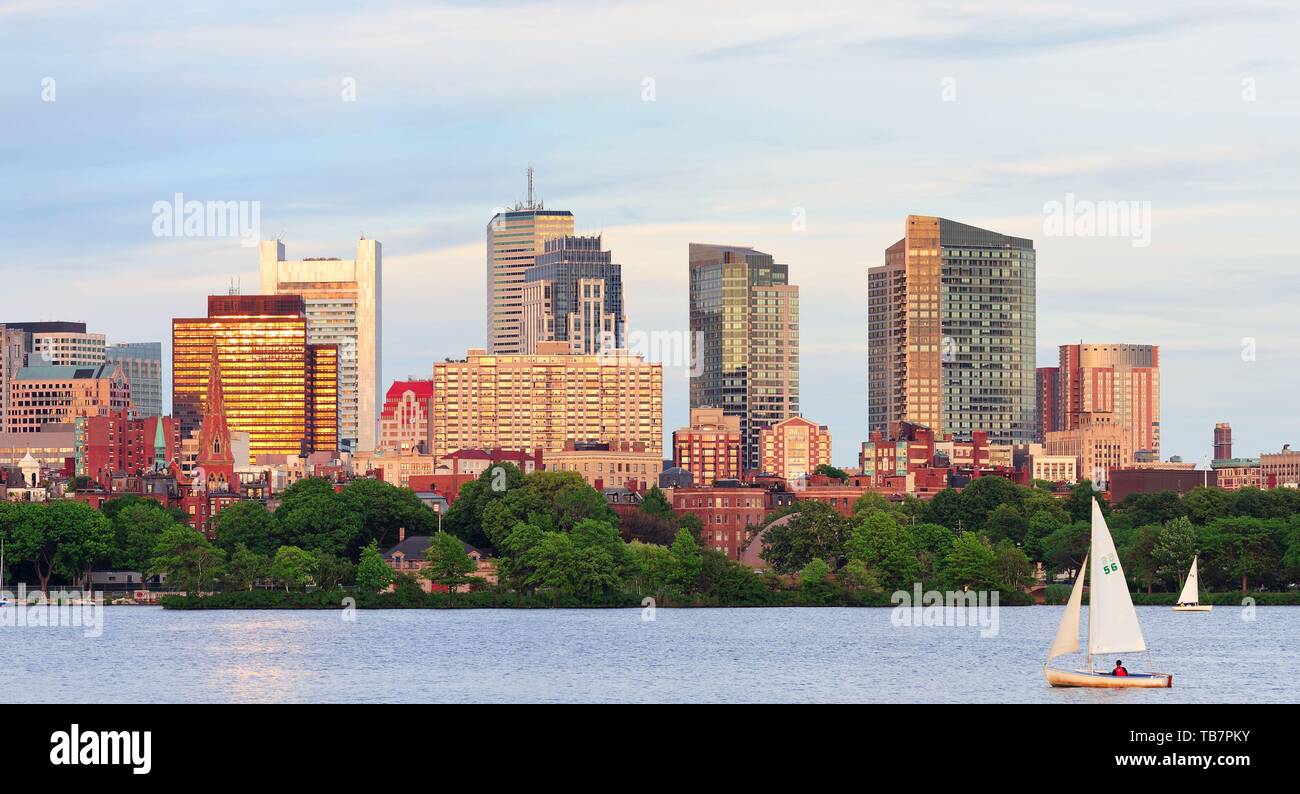 Boston Charles River sunset with urban skyline and skyscrapers Stock ...