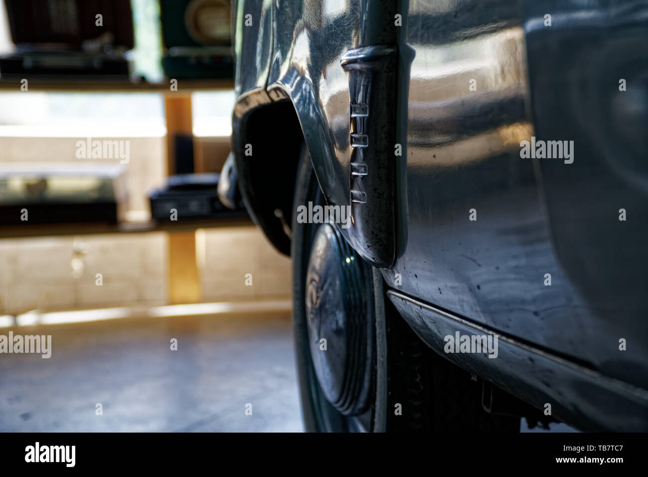 Vintage wheel of classic car, shiny car body, selective focus Stock ...