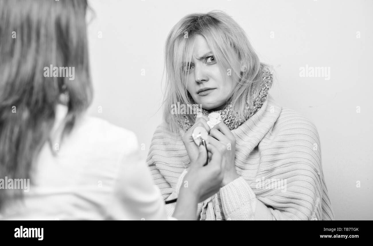 Doctor woman examine sick person. Recognize symptoms of cold. Home ...