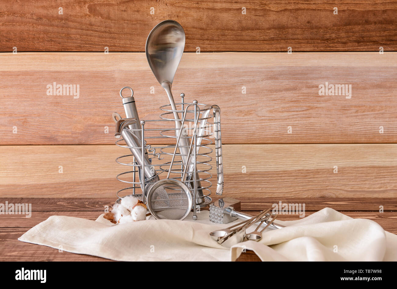 Set of kitchen utensils on wooden background Stock Photo - Alamy